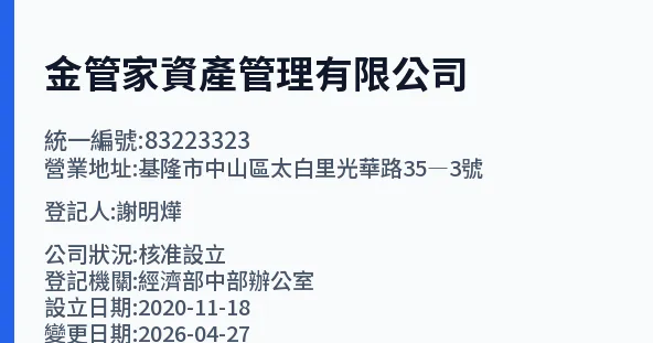 金管家資產管理有限公司的照片-統編 83223323(基隆市) 公司登記資料與營業項目詳細圖表
