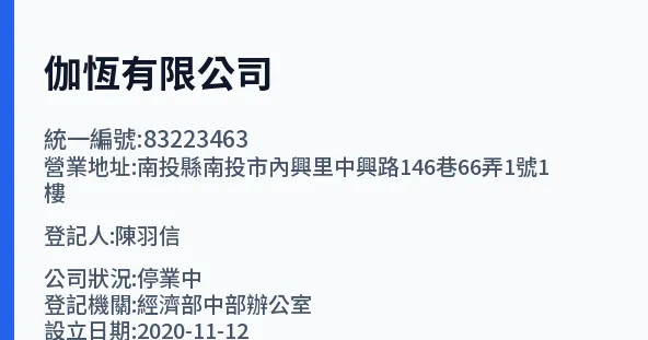 伽恆有限公司的照片-統編 83223463(南投縣) 公司登記資料與營業項目詳細圖表