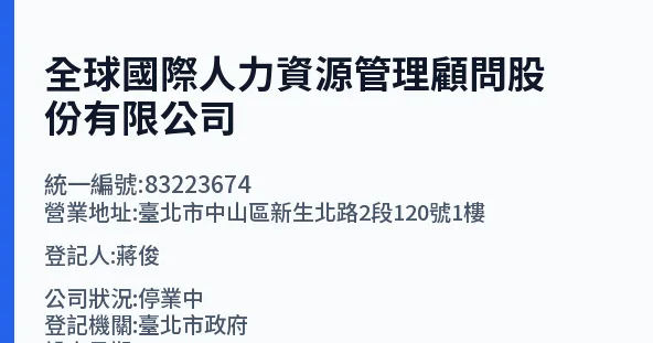 全球國際人力資源管理顧問股份有限公司的照片-統編 83223674(臺北市) 公司登記資料與營業項目詳細圖表