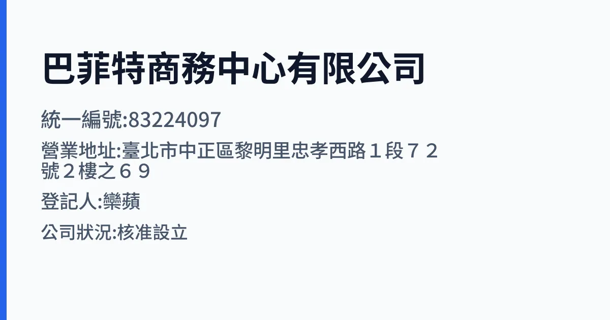 巴菲特商務中心有限公司 - 統編 83224097(臺北市) 公司登記資料與營業項目詳細圖表