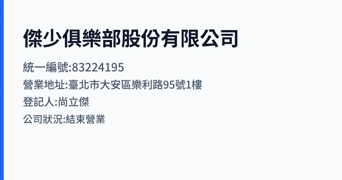 傑少俱樂部股份有限公司 - 統編 83224195(臺北市) 公司登記資料與營業項目詳細圖表