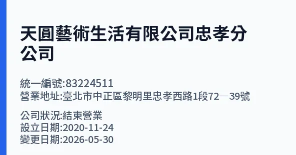 天圓藝術生活有限公司忠孝分公司的照片-統編 83224511(臺北市) 公司登記資料與營業項目詳細圖表
