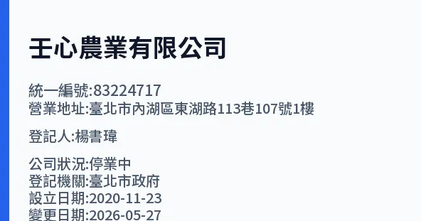 壬心農業有限公司的照片-統編 83224717(臺北市) 公司登記資料與營業項目詳細圖表