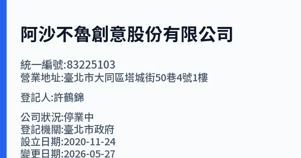 阿沙不魯創意股份有限公司的照片-統編 83225103(臺北市) 公司登記資料與營業項目詳細圖表