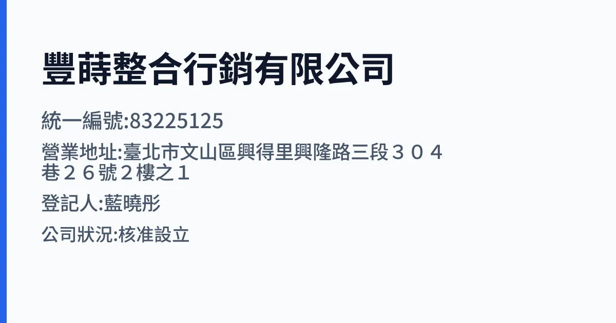 豐蒔整合行銷有限公司 - 統編 83225125(臺北市) 公司登記資料與營業項目詳細圖表
