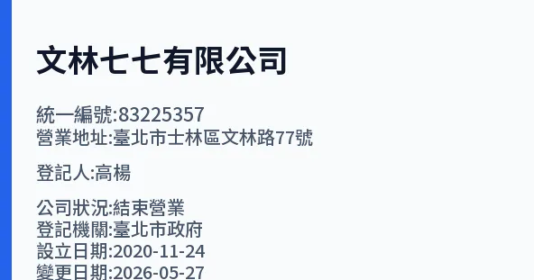 文林七七有限公司的照片-統編 83225357(臺北市) 公司登記資料與營業項目詳細圖表