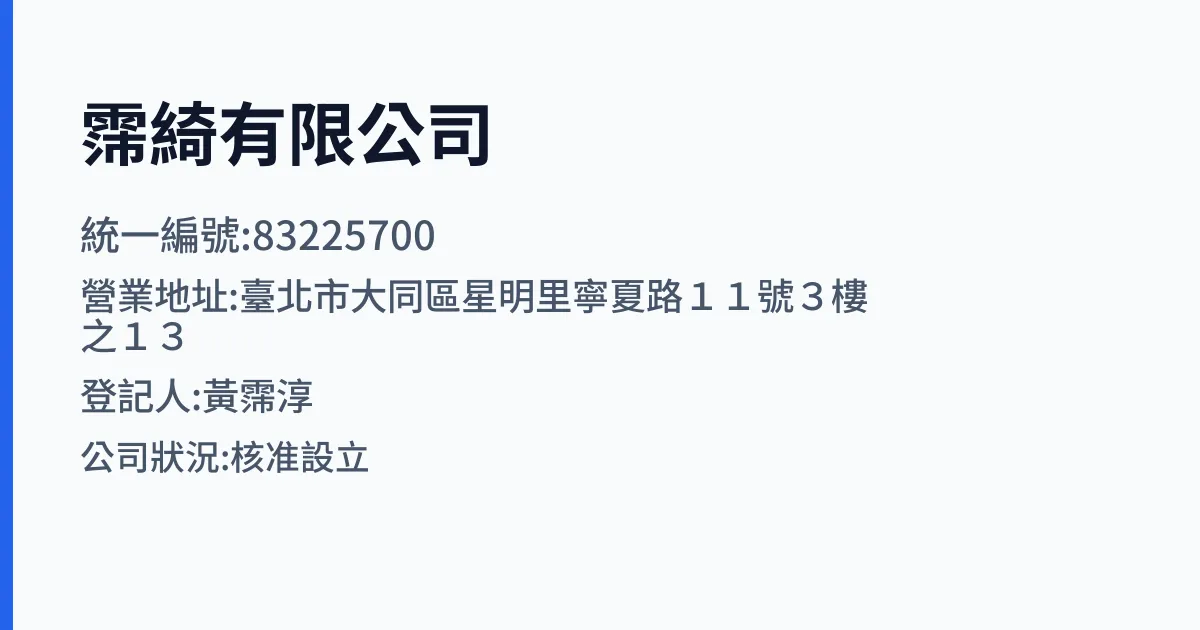 霈綺有限公司 - 統編 83225700(臺北市) 公司登記資料與營業項目詳細圖表