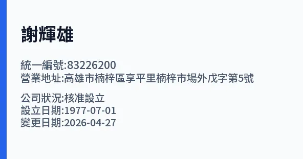 謝輝雄的照片-統編 83226200(高雄市) 公司登記資料與營業項目詳細圖表