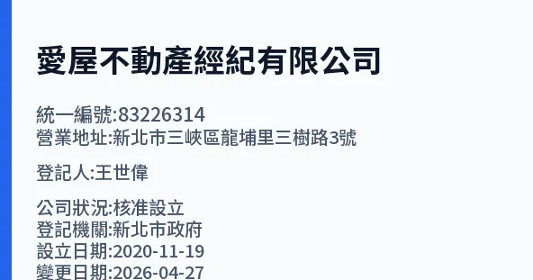 愛屋不動產經紀有限公司的照片-統編 83226314(新北市) 公司登記資料與營業項目詳細圖表