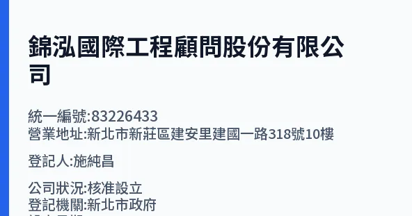 錦泓國際工程顧問股份有限公司的照片-統編 83226433(新北市) 公司登記資料與營業項目詳細圖表