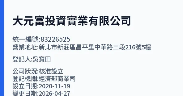 大元富投資實業有限公司的照片-統編 83226525(新北市) 公司登記資料與營業項目詳細圖表
