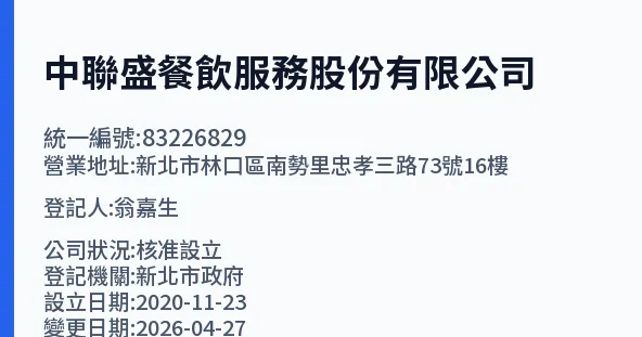 中聯盛餐飲服務股份有限公司的照片-統編 83226829(新北市) 公司登記資料與營業項目詳細圖表