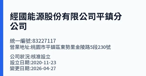 經國能源股份有限公司平鎮分公司的照片-統編 83227117(桃園市) 公司登記資料與營業項目詳細圖表