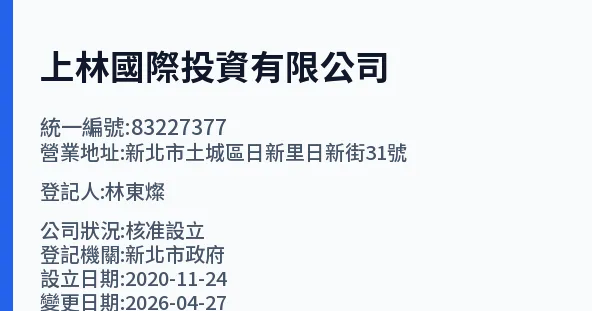 上林國際投資有限公司的照片-統編 83227377(新北市) 公司登記資料與營業項目詳細圖表