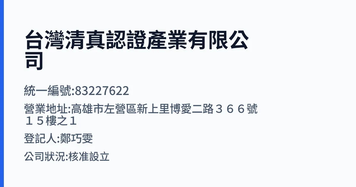 台灣清真認證產業有限公司 - 統編 83227622(高雄市) 公司登記資料與營業項目詳細圖表
