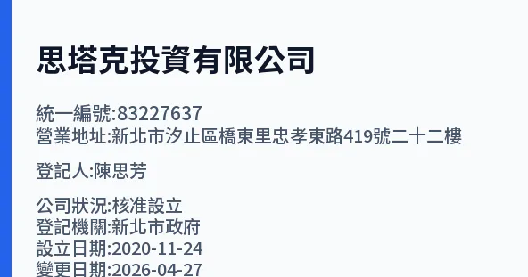 思塔克投資有限公司的照片-統編 83227637(新北市) 公司登記資料與營業項目詳細圖表