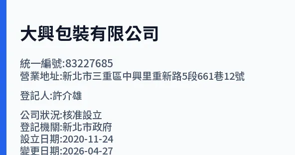 大興包裝有限公司的照片-統編 83227685(新北市) 公司登記資料與營業項目詳細圖表