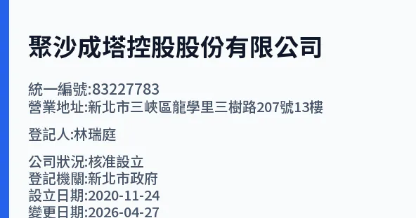 聚沙成塔控股股份有限公司的照片-統編 83227783(新北市) 公司登記資料與營業項目詳細圖表