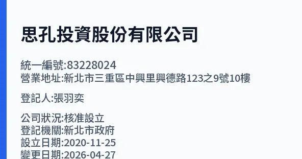 思孔投資股份有限公司的照片-統編 83228024(新北市) 公司登記資料與營業項目詳細圖表