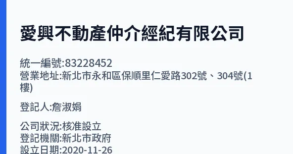 愛興不動產仲介經紀有限公司的照片-統編 83228452(新北市) 公司登記資料與營業項目詳細圖表