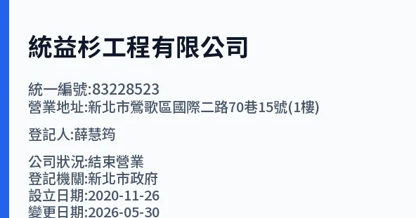 統益杉工程有限公司的照片-統編 83228523(新北市) 公司登記資料與營業項目詳細圖表