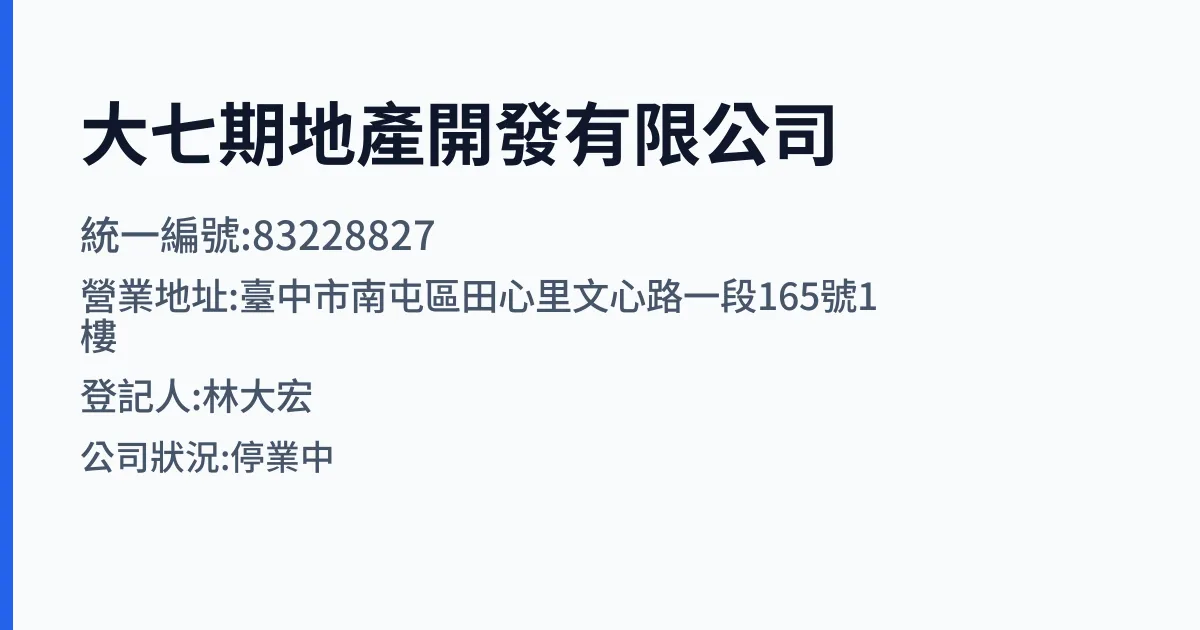 大七期地產開發有限公司 - 統編 83228827(臺中市) 公司登記資料與營業項目詳細圖表