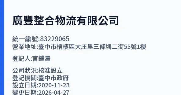 廣豐整合物流有限公司的照片-統編 83229065(臺中市) 公司登記資料與營業項目詳細圖表