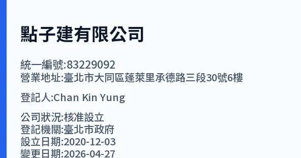 點子建有限公司的照片-統編 83229092(臺北市) 公司登記資料與營業項目詳細圖表