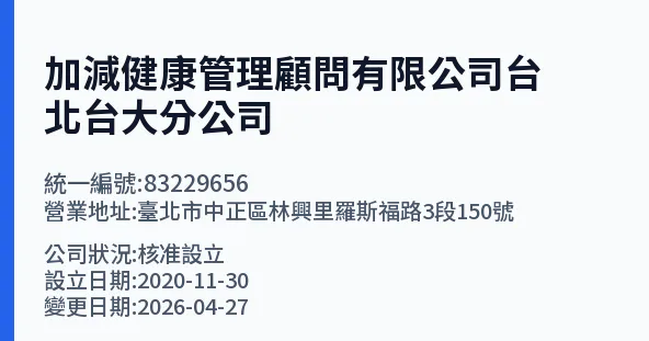 加減健康管理顧問有限公司台北台大分公司的照片-統編 83229656(臺北市) 公司登記資料與營業項目詳細圖表