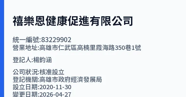 禧樂恩健康促進有限公司的照片-統編 83229902(高雄市) 公司登記資料與營業項目詳細圖表
