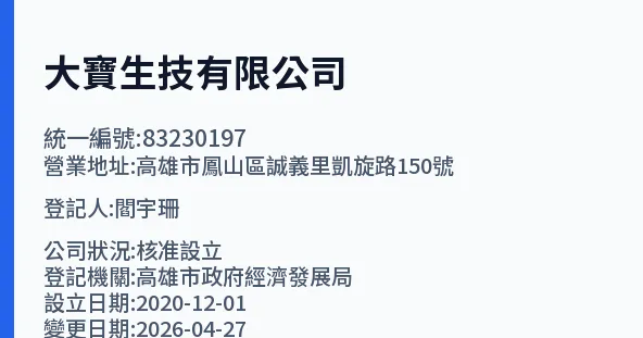大寶生技有限公司的照片-統編 83230197(高雄市) 公司登記資料與營業項目詳細圖表