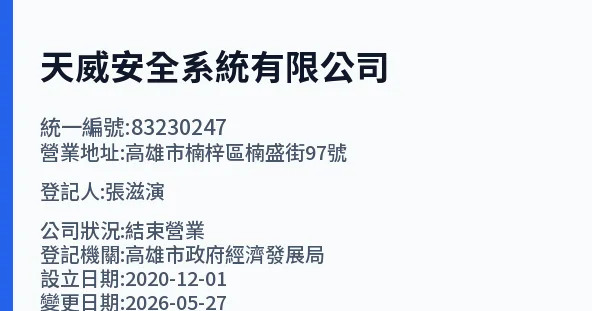 天威安全系統有限公司的照片-統編 83230247(高雄市) 公司登記資料與營業項目詳細圖表