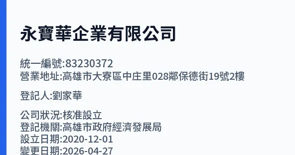 永寶華企業有限公司的照片-統編 83230372(高雄市) 公司登記資料與營業項目詳細圖表
