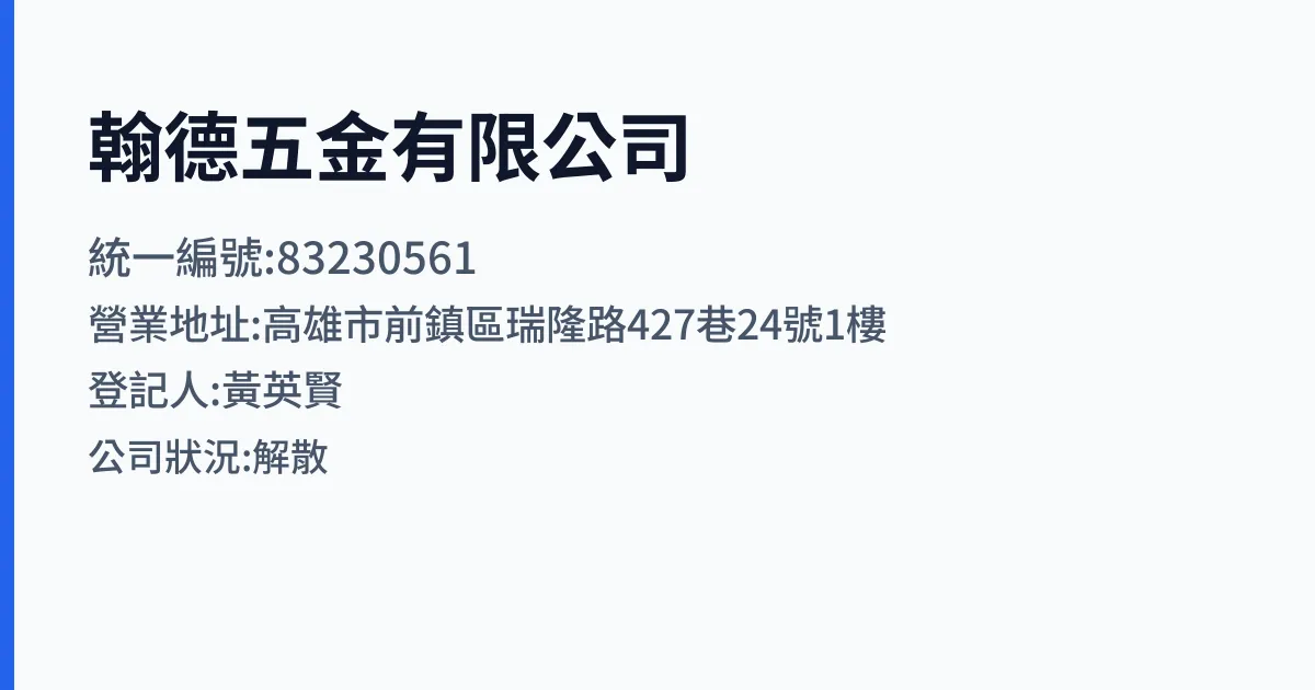 翰德五金有限公司 - 統編 83230561(高雄市) 公司登記資料與營業項目詳細圖表