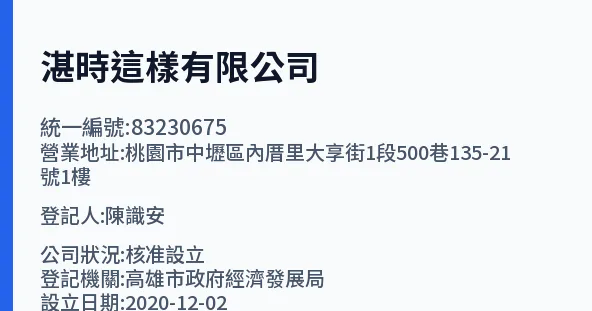 湛時這樣有限公司的照片-統編 83230675(桃園市) 公司登記資料與營業項目詳細圖表