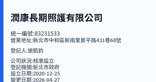 潤康長期照護有限公司的照片-統編 83231533(新北市) 公司登記資料與營業項目詳細圖表