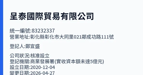 呈泰國際貿易有限公司的照片-統編 83232337(彰化縣) 公司登記資料與營業項目詳細圖表
