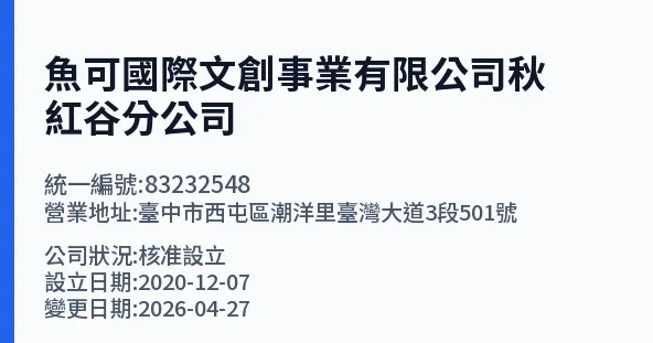 魚可國際文創事業有限公司秋紅谷分公司的照片-統編 83232548(臺中市) 公司登記資料與營業項目詳細圖表