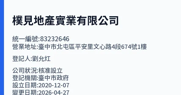 樸見地產實業有限公司的照片-統編 83232646(臺中市) 公司登記資料與營業項目詳細圖表