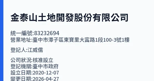 金泰山土地開發股份有限公司的照片-統編 83232694(臺中市) 公司登記資料與營業項目詳細圖表