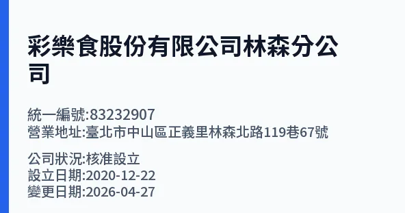 彩樂食股份有限公司林森分公司的照片-統編 83232907(臺北市) 公司登記資料與營業項目詳細圖表