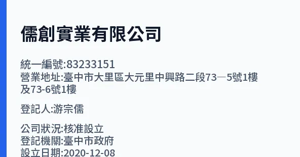 儒創實業有限公司的照片-統編 83233151(臺中市) 公司登記資料與營業項目詳細圖表
