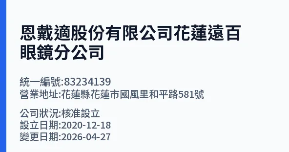 恩戴適股份有限公司花蓮遠百眼鏡分公司的照片-統編 83234139(花蓮縣) 公司登記資料與營業項目詳細圖表