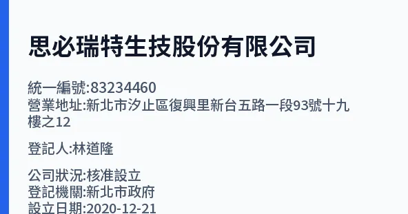 思必瑞特生技股份有限公司的照片-統編 83234460(新北市) 公司登記資料與營業項目詳細圖表