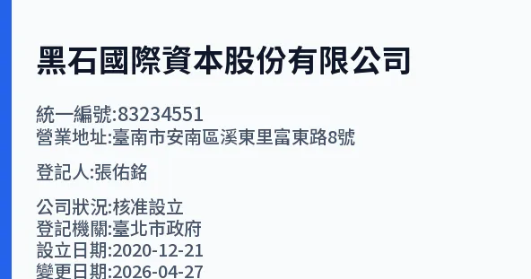 黑石國際資本股份有限公司的照片-統編 83234551(臺南市) 公司登記資料與營業項目詳細圖表
