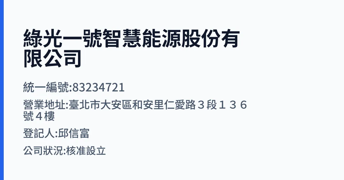 綠光一號智慧能源股份有限公司 - 統編 83234721(臺北市) 公司登記資料與營業項目詳細圖表