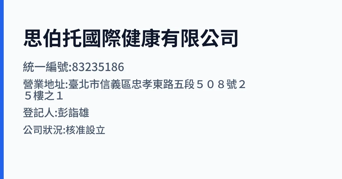 思伯托國際健康有限公司 - 統編 83235186(臺北市) 公司登記資料與營業項目詳細圖表