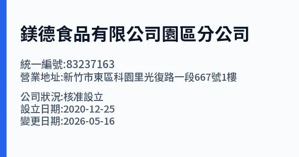 鎂德食品有限公司園區分公司的照片-統編 83237163(新竹市) 公司登記資料與營業項目詳細圖表