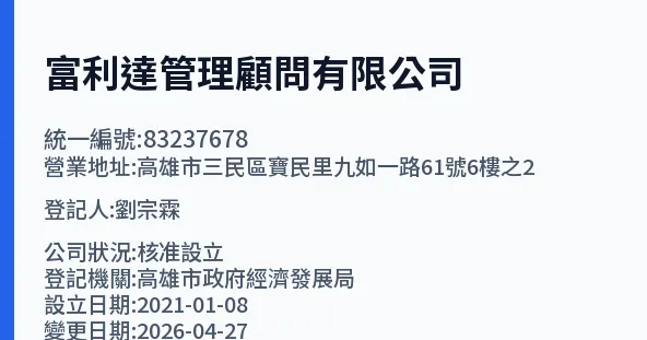 富利達管理顧問有限公司的照片-統編 83237678(高雄市) 公司登記資料與營業項目詳細圖表