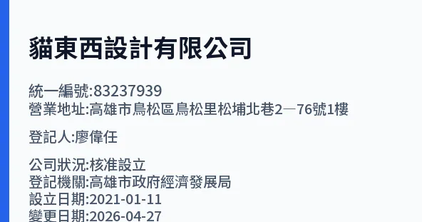 貓東西設計有限公司的照片-統編 83237939(高雄市) 公司登記資料與營業項目詳細圖表